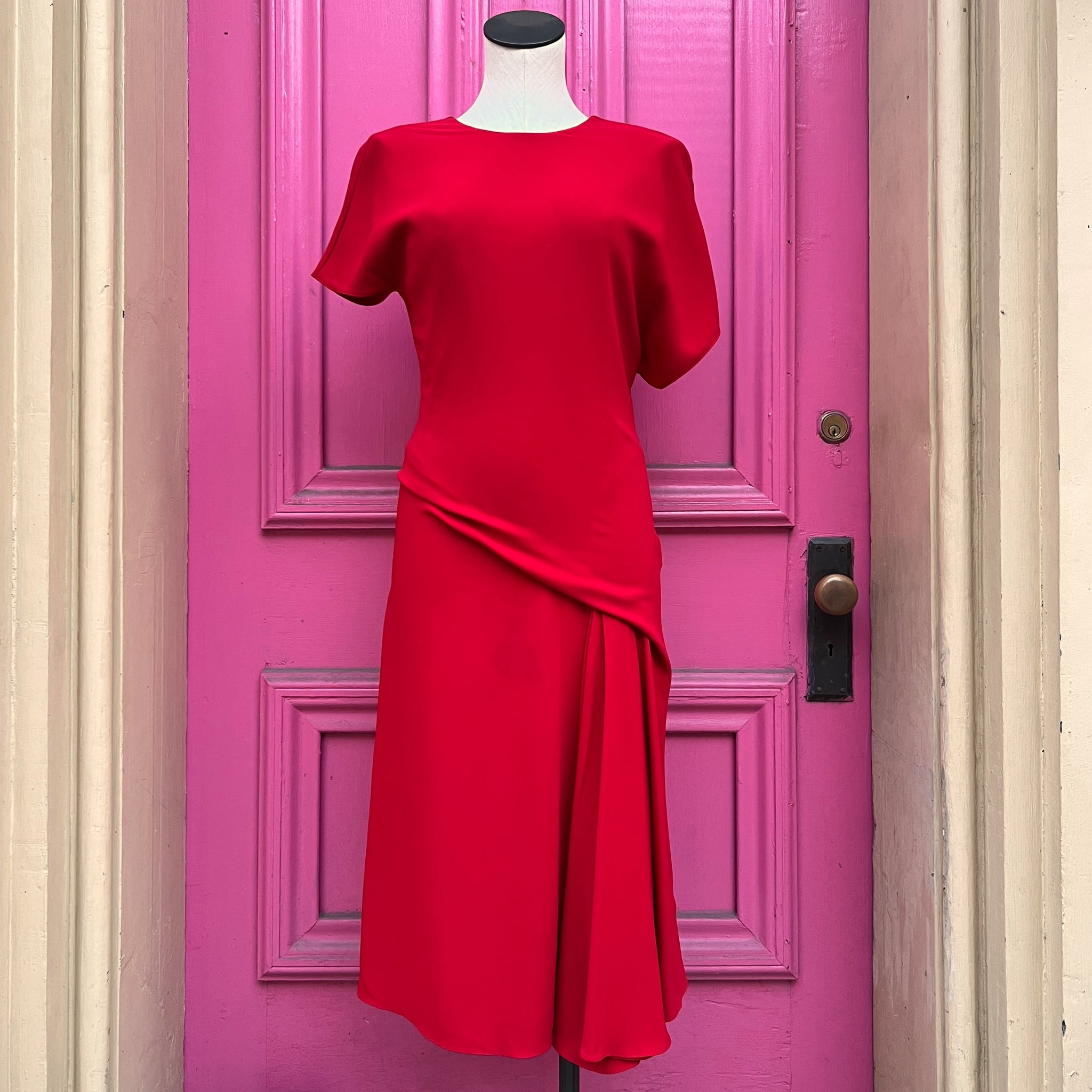 Versace red draped asymmetric midi dress size 4